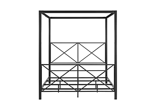 DHP Rosedale Metal Canopy Bed Frame with Four Poster Design and Geometric Accented Headboard and Footboard, Underbed Storage Space, Queen, Black