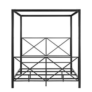 DHP Rosedale Metal Canopy Bed Frame with Four Poster Design and Geometric Accented Headboard and Footboard, Underbed Storage Space, Queen, Black