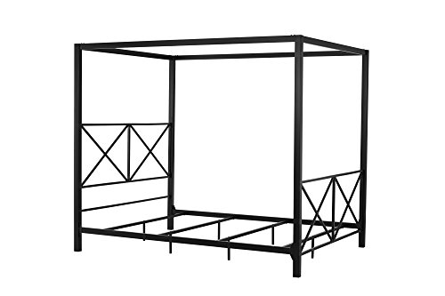 DHP Rosedale Metal Canopy Bed Frame with Four Poster Design and Geometric Accented Headboard and Footboard, Underbed Storage Space, Queen, Black