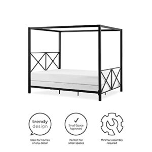 DHP Rosedale Metal Canopy Bed Frame with Four Poster Design and Geometric Accented Headboard and Footboard, Underbed Storage Space, Queen, Black