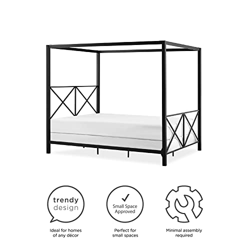 DHP Rosedale Metal Canopy Bed Frame with Four Poster Design and Geometric Accented Headboard and Footboard, Underbed Storage Space, Queen, Black