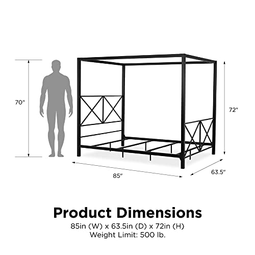 DHP Rosedale Metal Canopy Bed Frame with Four Poster Design and Geometric Accented Headboard and Footboard, Underbed Storage Space, Queen, Black