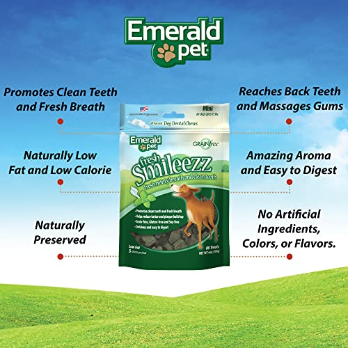 Emerald Pet Fresh Smileezz Grain Free Dog Dental Treats — Minty Fresh Breath and Clean Teeth for Puppies and Small Dog Breeds — Made in USA Mini, 6 Oz