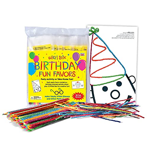 WIKKI STIX Birthday Fun Favors, pack of 20 individual fun favors, each with 12 and a birthday themed play sheet, Made in the USA