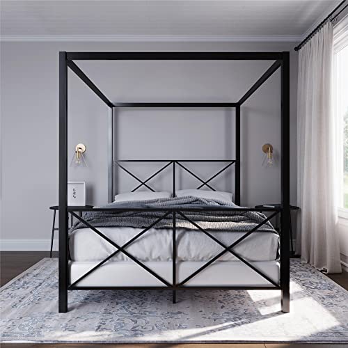 DHP Rosedale Metal Canopy Bed Frame with Four Poster Design and Geometric Accented Headboard and Footboard, Underbed Storage Space, Queen, Black