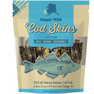 simply wild cod skins alaskan cod fish training treats for dogs-dehydrated fish, all natural human grade skins - low fat treat sustainably sourced in usa (6.6 oz)