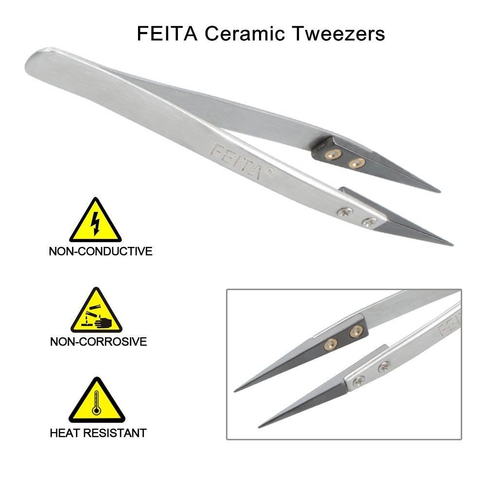 FEITA Black Pointed Ceramic Tip Tweezers - Precision Stainless Steel Tweezer for Electronic Repair, DIY Hobby (1 Pc)