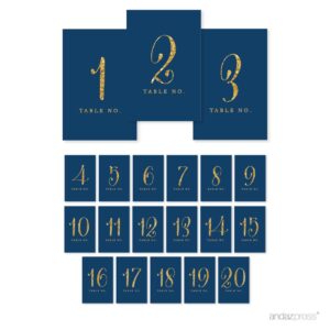 andaz press table numbers 1 - 20, gold glitter print, 4x6-inch single-sided cardstock sign, navy blue, 1-set navy blue table numbers for weddings reception cardstock table numbers blue