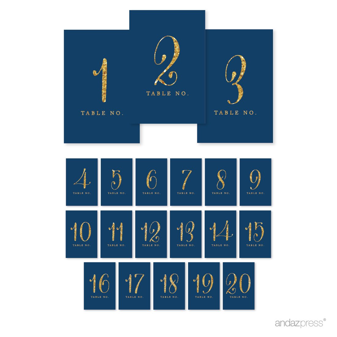 Andaz Press Table Numbers 1 - 20, Gold Glitter Print, 4X6-Inch Single-Sided Cardstock Sign, Navy Blue, 1-Set Navy Blue Table Numbers For Weddings Reception Cardstock Table Numbers Blue