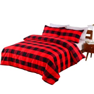 zhiyuan red and black buffalo plaid microfiber duvet cover set with 2 pillow shams, queen