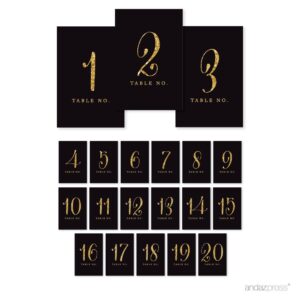 andaz press table numbers 1-20, gold glitter print, 4x6-inch single-sided cardstock sign, black, 1-set glitter cardstock numbers black and gold table numbers 1-20