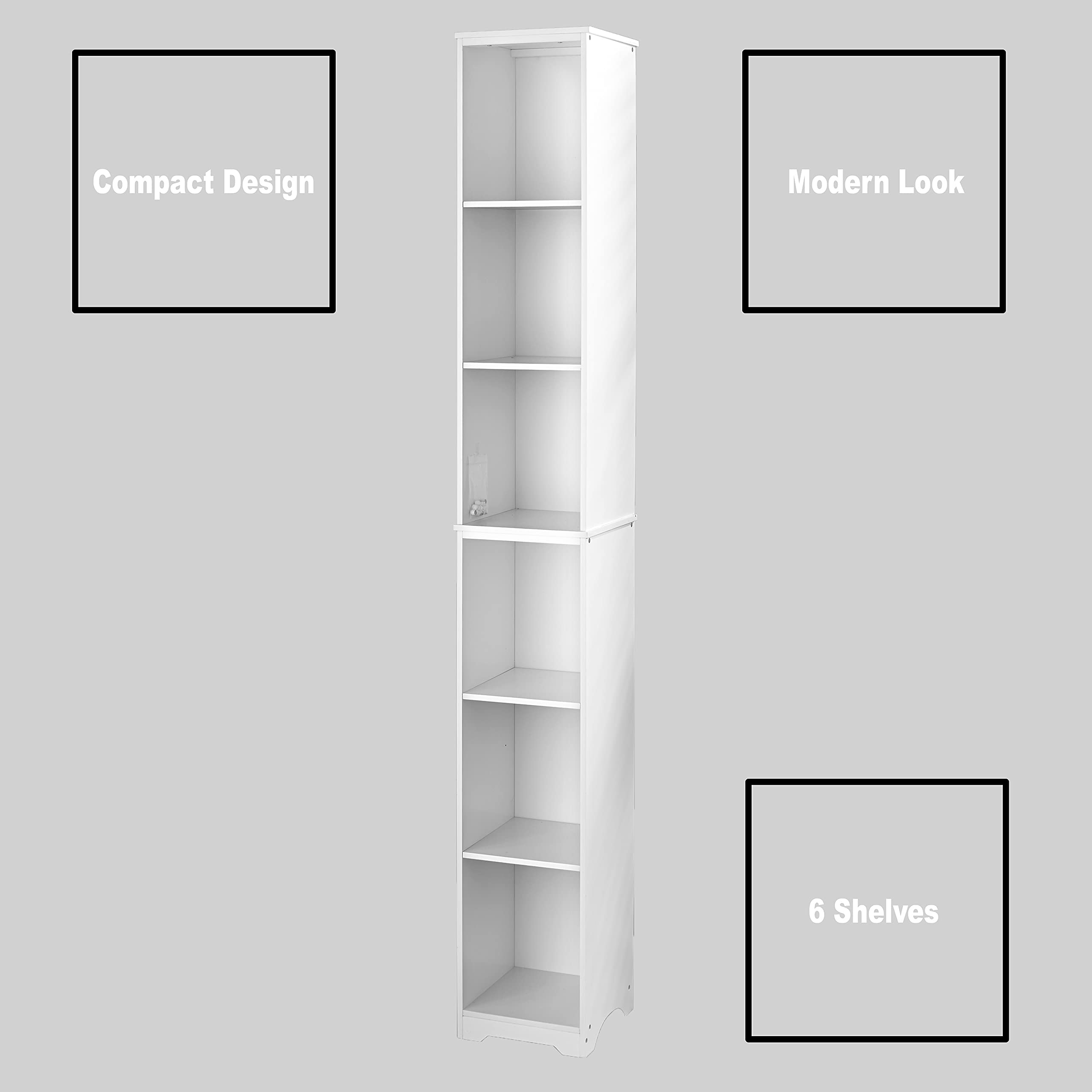 Accents Depot Slim Storage Tower with Six Shelves for Hallways, Closets and Bathrooms - White