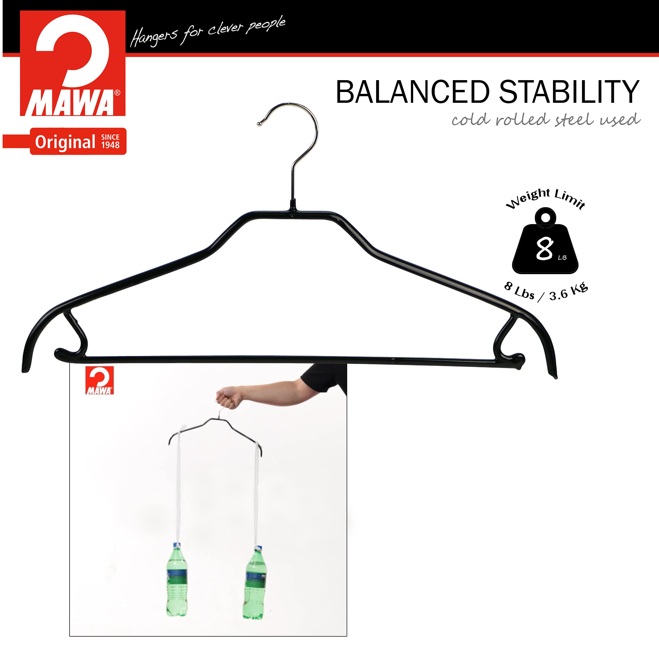 MAWA by Reston Lloyd Silhouette Series Non-Slip Space Saving Clothes Hanger with Bar & Hook for Pants and Skirts, Style 41/FRS, Set of 5, Black