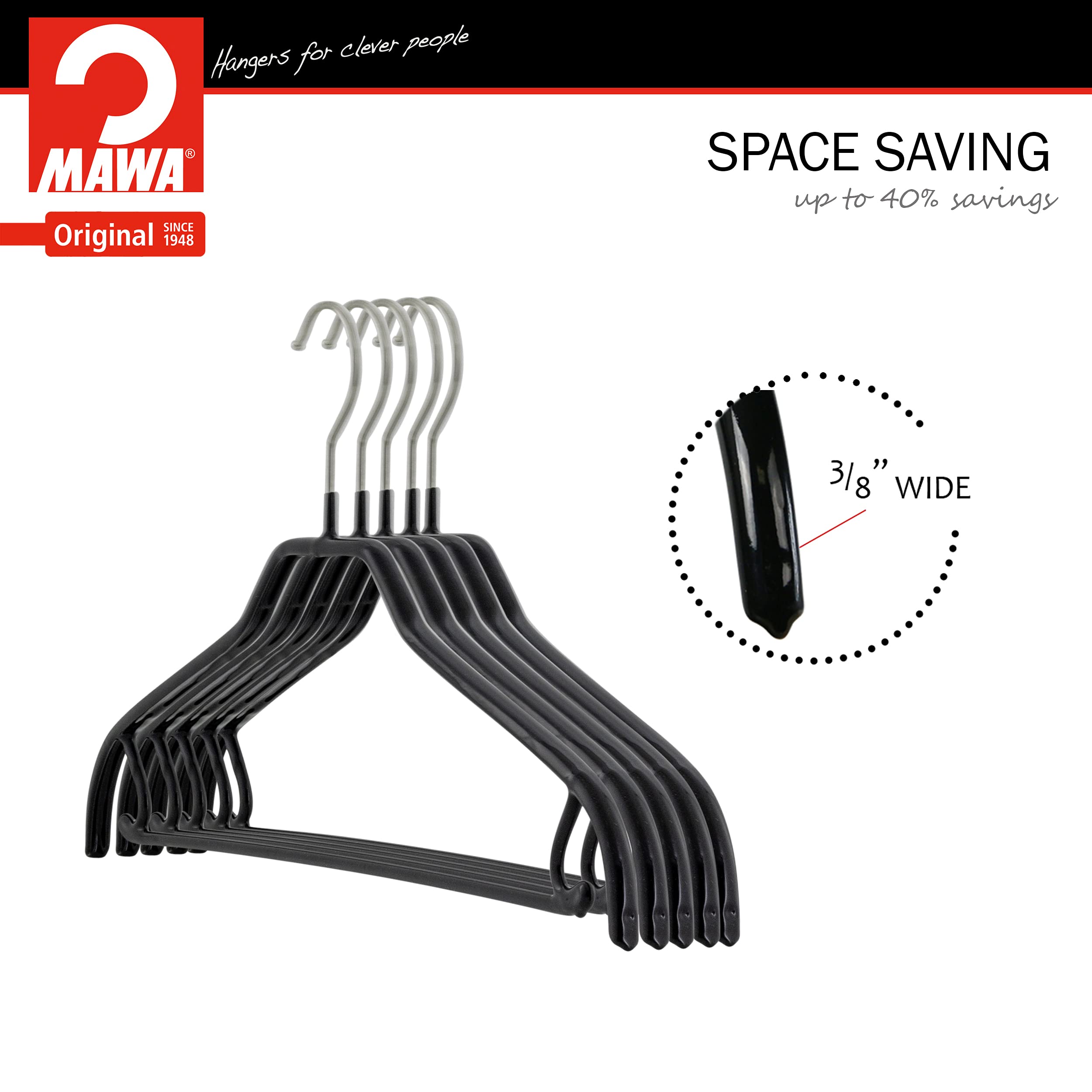 MAWA by Reston Lloyd Silhouette Series Non-Slip Space Saving Clothes Hanger with Bar & Hook for Pants and Skirts, Style 41/FRS, Set of 5, Black