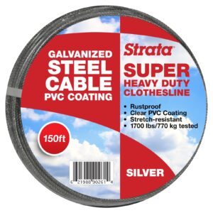 strata 150 feet clothesline outdoor heavy duty galvanized wire steel cable, silver pvc coating - clothes line wires for outside laundry drying