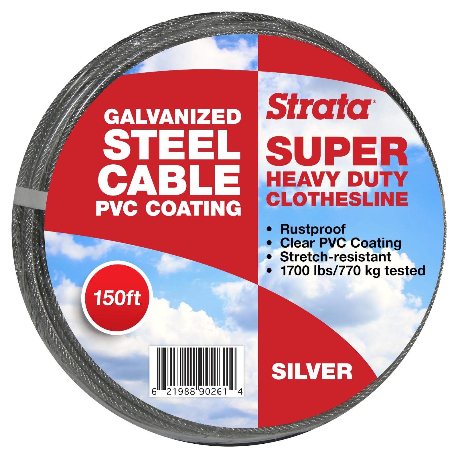 Strata 150 Feet Clothesline Outdoor Heavy Duty Galvanized Wire Steel Cable, Silver PVC Coating - Clothes Line Wires for Outside Laundry Drying