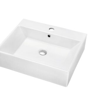 Contemporary Vessel Above-Counter Rectangle Ceramic Art Basin with Single Hole for Faucet and Overflow, White