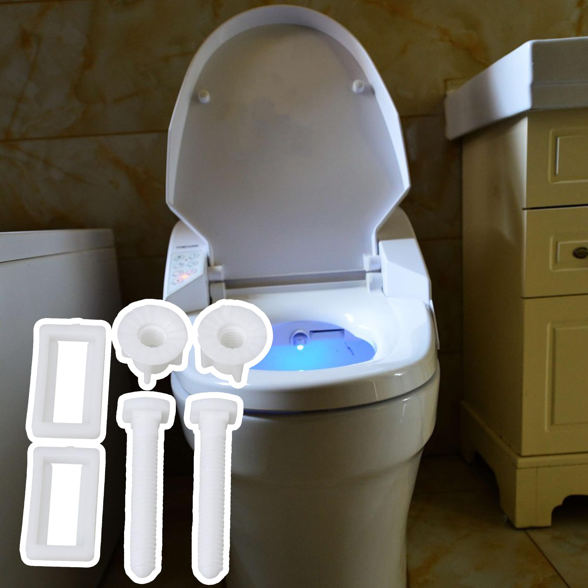 RDEXP 2 Pairs White Plastic Toilet Seat Cover Hinge Blind Hole Rectangular Bolts with Nuts Washers