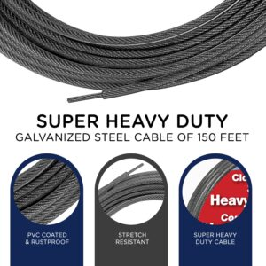 Strata 150 Feet Clothesline Outdoor Heavy Duty Galvanized Wire Steel Cable, Silver PVC Coating - Clothes Line Wires for Outside Laundry Drying