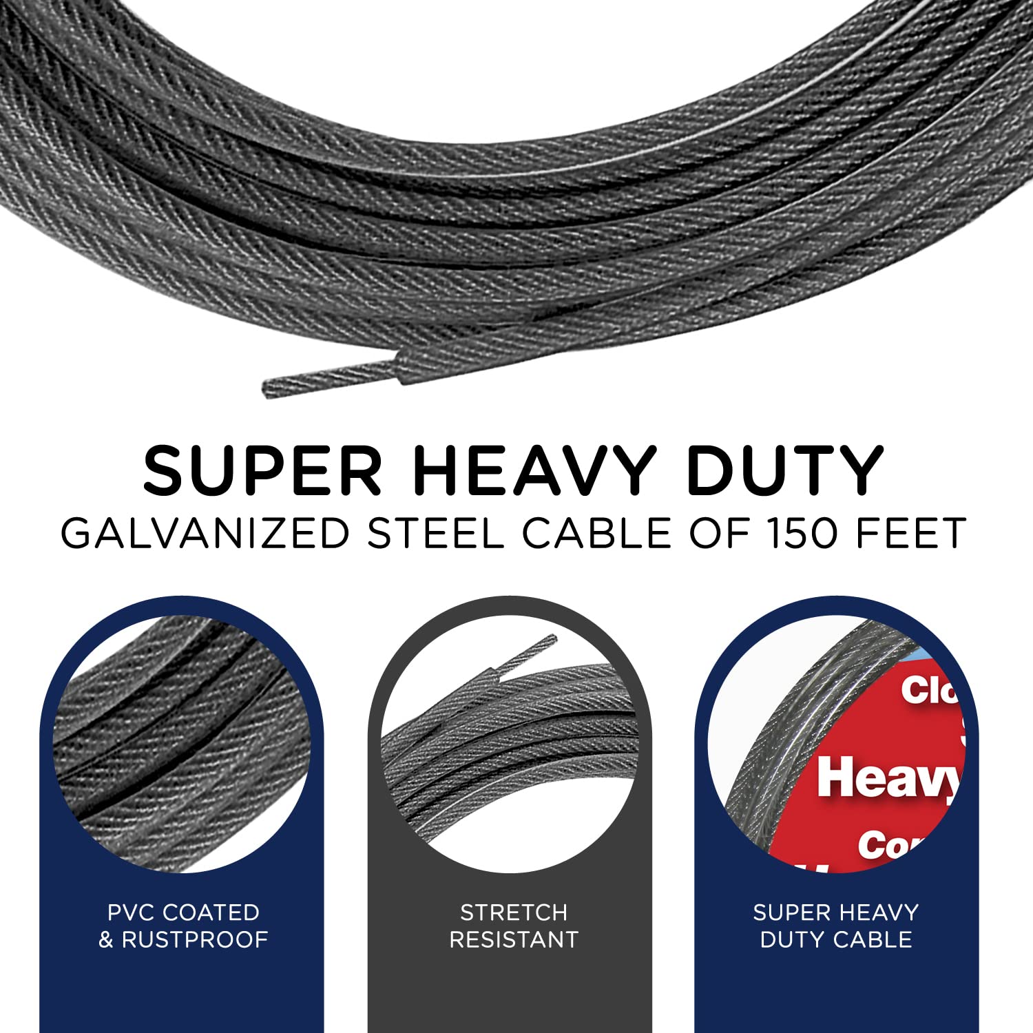 Strata 150 Feet Clothesline Outdoor Heavy Duty Galvanized Wire Steel Cable, Silver PVC Coating - Clothes Line Wires for Outside Laundry Drying