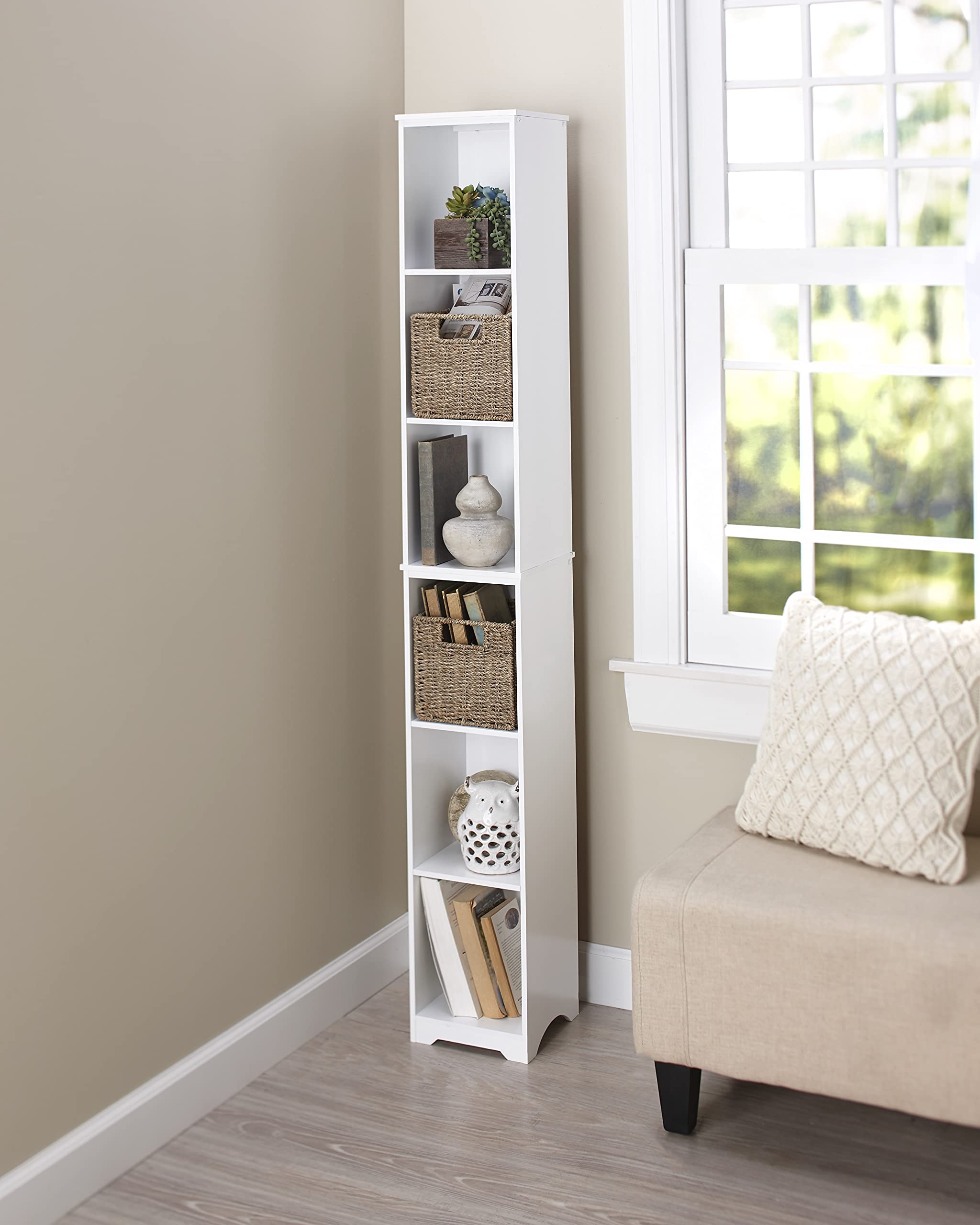 Accents Depot Slim Storage Tower with Six Shelves for Hallways, Closets and Bathrooms - White