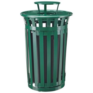 global industrial 36 gallon outdoor metal slatted receptacle w/access door & rain bonnet lid, green