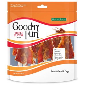 good 'n' fun triple flavor wings, made with real meat, treats for all dog sizes