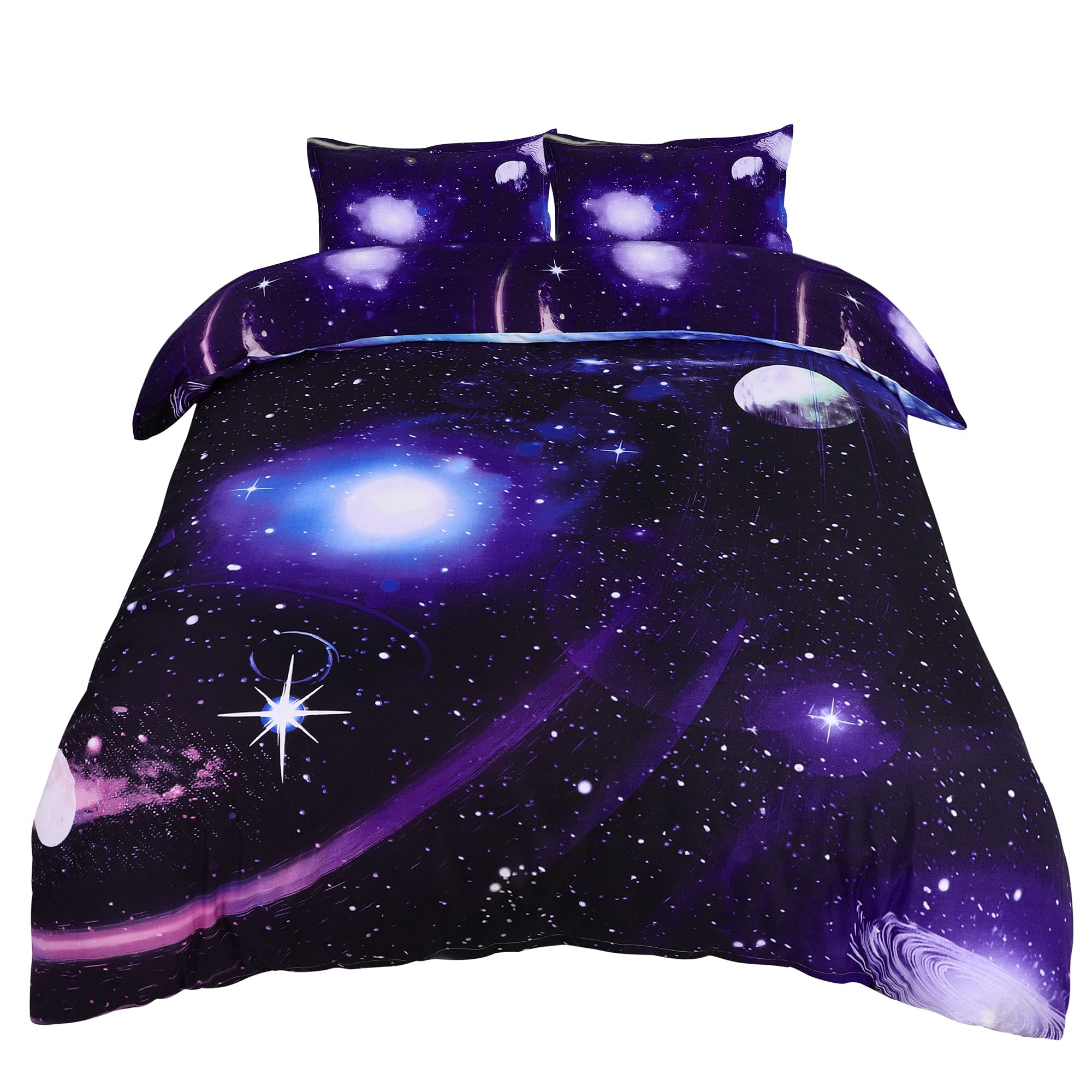 uxcell 3-Piece Galaxies Purple Duvet Cover Sets - 3D Printed Space Themed - 100% Polyester - All-Season Reversible Design - Includes 1 Duvet Cover, 2 Pillow Shams,Queen