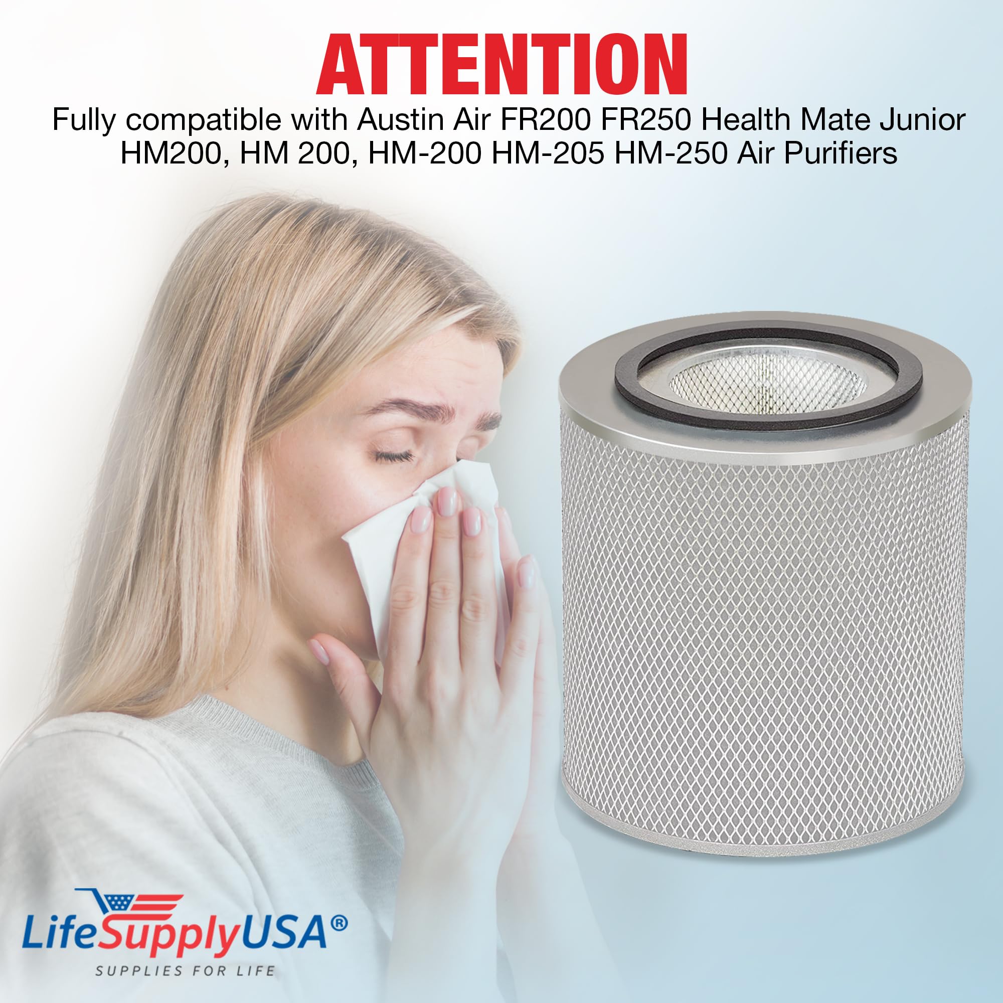 LifeSupplyUSA HEPA Filter Replacement Compatible with Austin Air FR200 FR250 Health Mate Junior HM200, HM 200, HM-200 HM-205 HM-250 Air Purifiers (Pre-Filter Included)