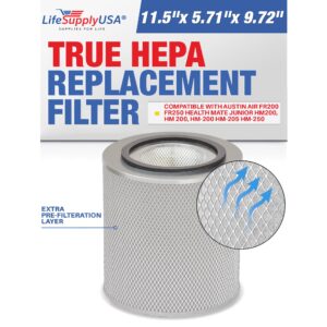 lifesupplyusa hepa filter replacement compatible with austin air fr200 fr250 health mate junior hm200, hm 200, hm-200 hm-205 hm-250 air purifiers (pre-filter included)