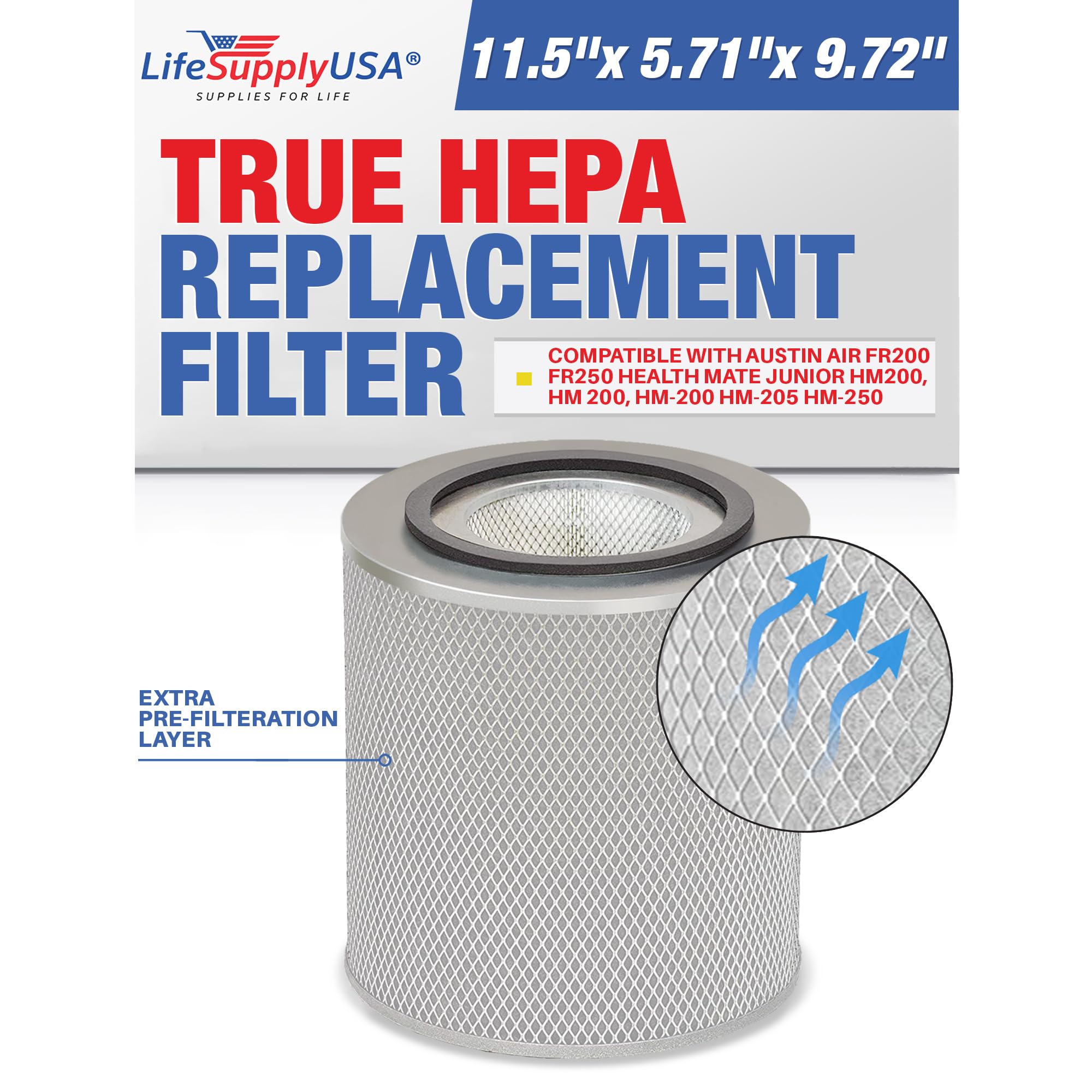 LifeSupplyUSA HEPA Filter Replacement Compatible with Austin Air FR200 FR250 Health Mate Junior HM200, HM 200, HM-200 HM-205 HM-250 Air Purifiers (Pre-Filter Included)