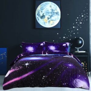 uxcell 3-Piece Galaxies Purple Duvet Cover Sets - 3D Printed Space Themed - 100% Polyester - All-Season Reversible Design - Includes 1 Duvet Cover, 2 Pillow Shams,Queen