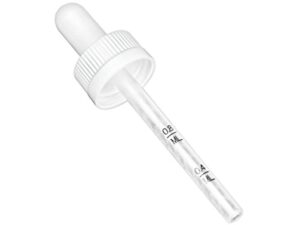 graduated dropper pipette 2.94 inches long with a 20mm finish and 0.4ml - 0.8ml tick marks; white rubber bulb and child resistant closure. made from durable bpa free hdpe plastic (pack of 12)