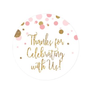 andaz press blush pink gold glitter girl baby shower party collection, round circle label stickers, thank you for celebrating with us, 40-pack