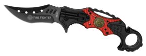 5.25" firefighter folding knife w/led attached red w/gold maltese cross inlay