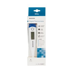 mckesson digital oral thermometer with lcd display - 30-second reading, fever alarm, recall memory - includes probe sheaths, storage case, manual, battery, 1 count