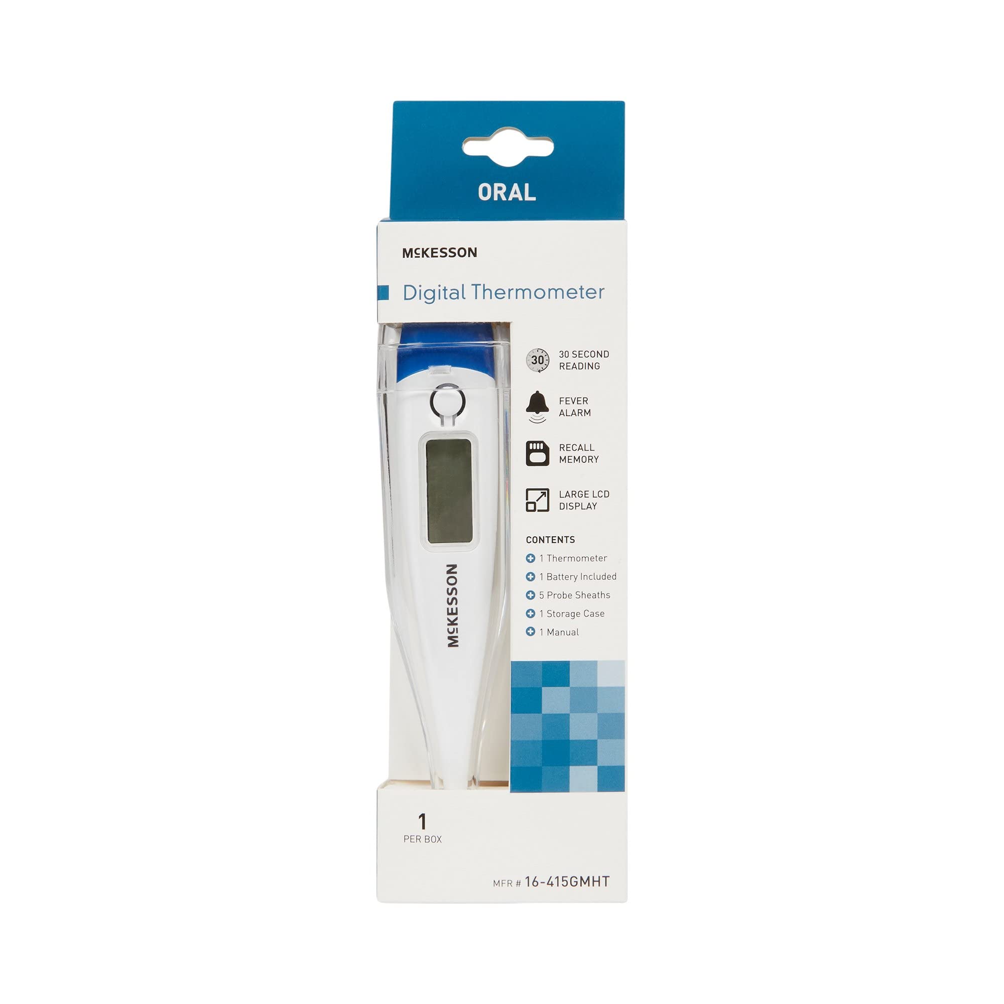 McKesson Digital Oral Thermometer with LCD Display - 30-Second Reading, Fever Alarm, Recall Memory - Includes Probe Sheaths, Storage Case, Manual, Battery, 1 Count