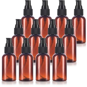 JUVITUS 2 oz Amber Boston Round Plastic PET Bottles with Black Treatment Pump (12 Pack)