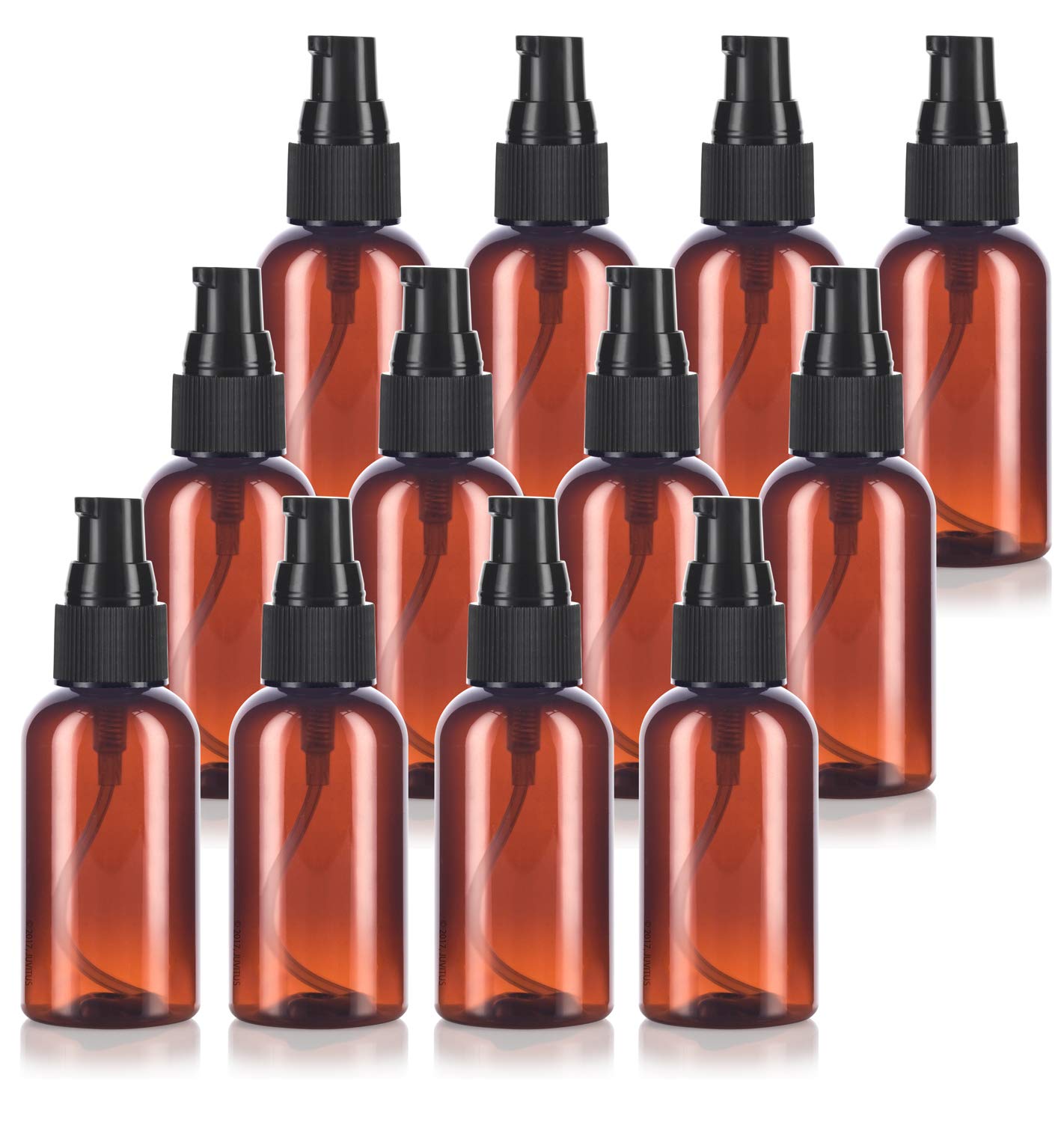 JUVITUS 2 oz Amber Boston Round Plastic PET Bottles with Black Treatment Pump (12 Pack)