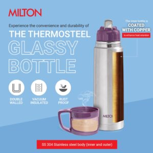 Milton Thermos for Hot Drinks 1000 ml (34 oz), 24 Hours Hot and Cold, Stainless Steel Water Bottle, Double Walled Vacuum Insulated Flask for Hot Coffee, Thermosteel, Leak Proof, Glassy, Purple