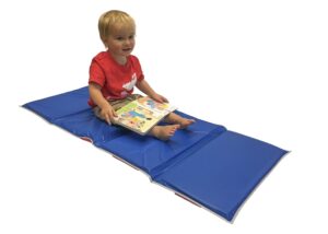 kindermat, 5/8" thick kindermat, 4-section rest mat, 45" x 19" x 5/8", red/blue with grey binding, great for school, daycare, travel, and home, made in the usa