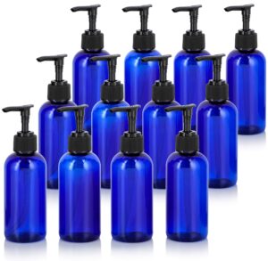 4 oz / 120 ml cobalt blue boston round pet plastic bottles with black lotion pump (12 pack)