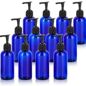 4 oz / 120 ml Cobalt Blue Boston Round PET Plastic Bottles with Black Lotion Pump (12 Pack)