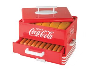 nostalgia extra large diner-style coca-cola hot dog steamer and bun warmer, 24 hot dog and 12 bun capacity, steam bratwursts, sausages, vegetables, fish, dumplings, red