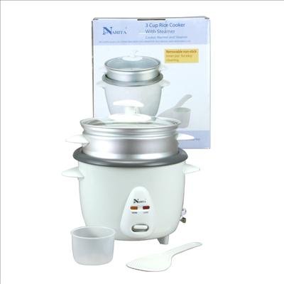 NARITA NRC-150 3-Cup Non-Stick Rice Cooker with Steamer, White