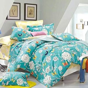 Tache Floral Colorful Aqua Blue Duvet Cover - Butterfly Wonderland - Luxurious Cotton Reversible Duvet Cover with Zipper Closure and Security Ties/Ribbons - 3 Piece Set - King