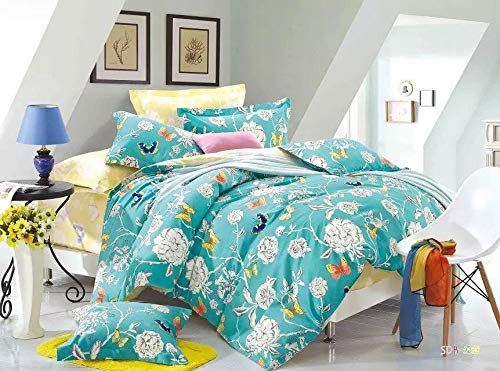 Tache Floral Colorful Aqua Blue Duvet Cover - Butterfly Wonderland - Luxurious Cotton Reversible Duvet Cover with Zipper Closure and Security Ties/Ribbons - 3 Piece Set - King