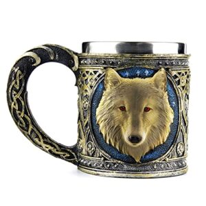 ezeso stainless steel wolf mug, resin 3d wolf coffee cup stainless steel travel tea wine beer mugs (wolf mug)