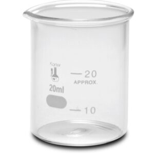 20ml beaker, low form griffin, borosilicate 3.3 glass, with spout & printed graduations, karter scientific 232m4