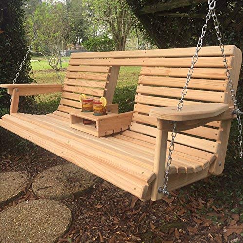 5 Ft Cypress Porch Swing with Flip Down Console Cup Holders & Unique Adjustable Seating Angle